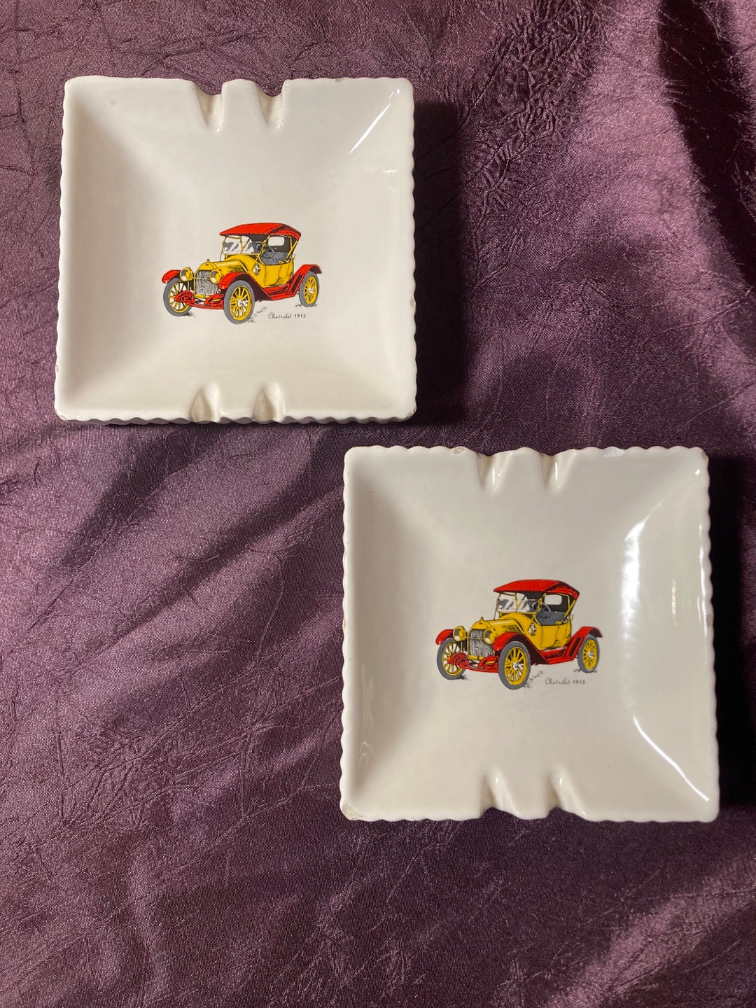 2 Chevrolet Antique Car Ashtrays Ceramic Old Cars Automobile Enthusiast ...