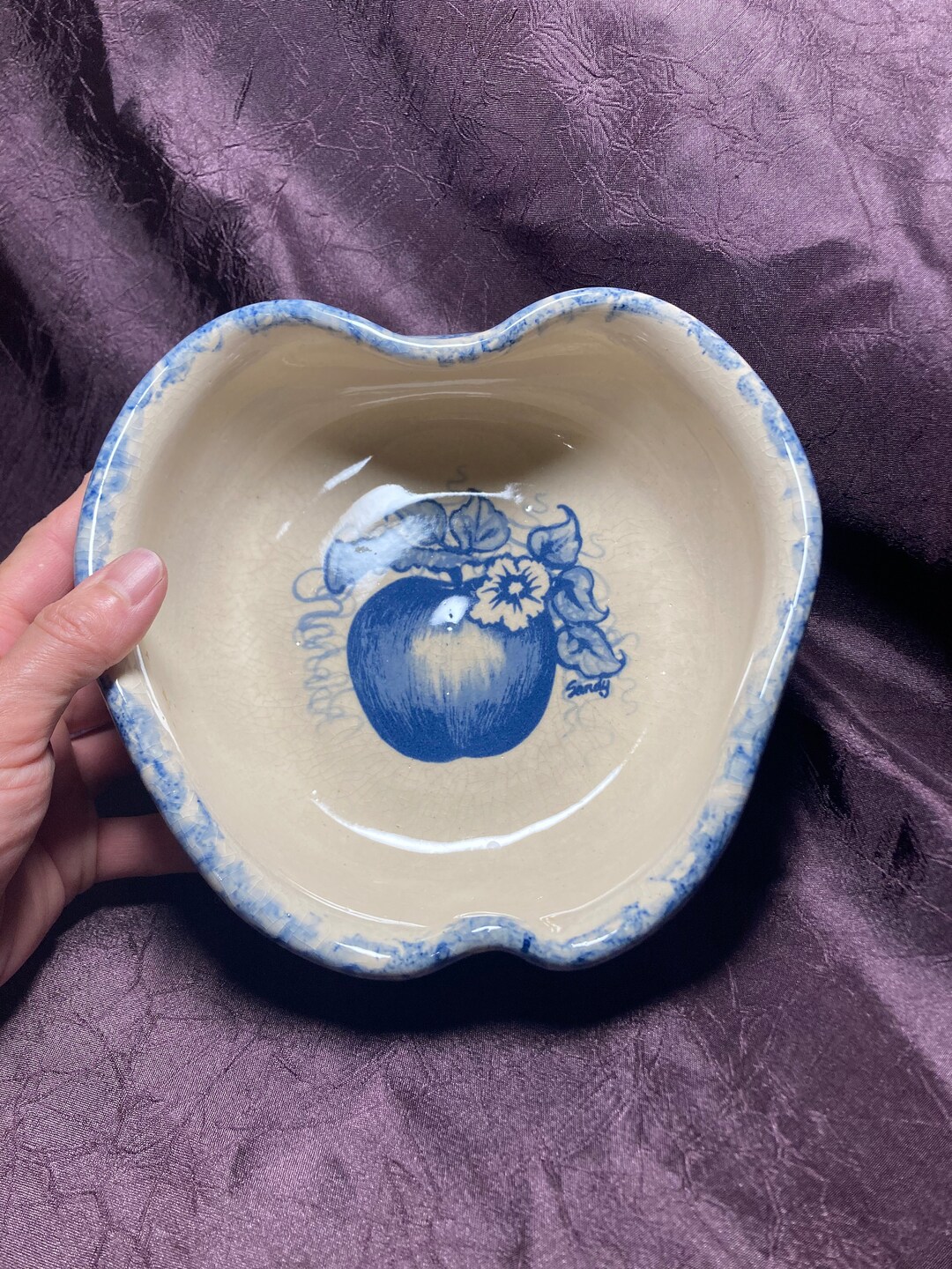 Blue Spongeware Apple Motif Ellis Pottery Marshall Texas Handcrafted ...