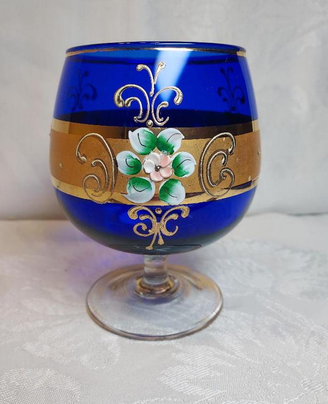 Cobalt Blue Brandy Snifter: Bohemian Art Glass With Gold Floral Design ...