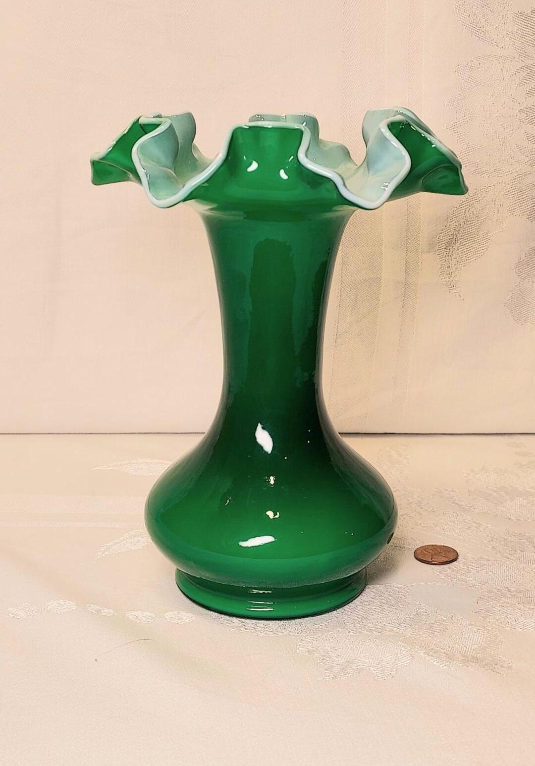 Fenton Ivy Overlay Vase Green and White Ruffled Edge - Etsy