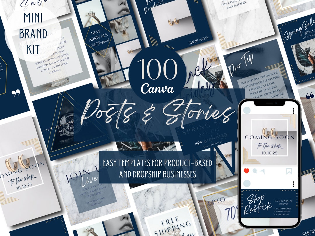Navy Blue White Gold Luxury Business Brand Kit | 100 Posts + Stories ...