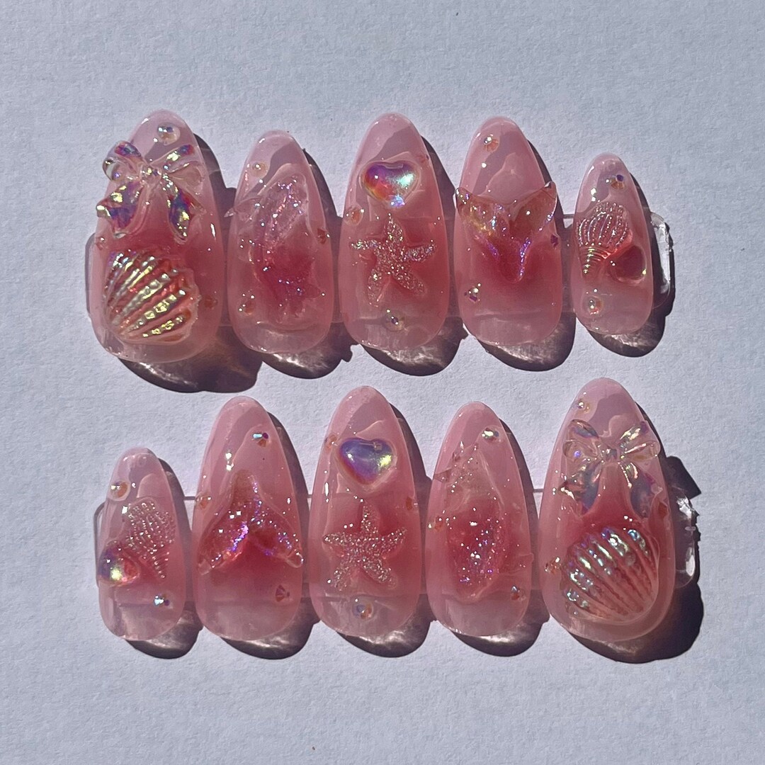 Mermaid Pink Jelly Press on Nail Set Medium Almond - Etsy