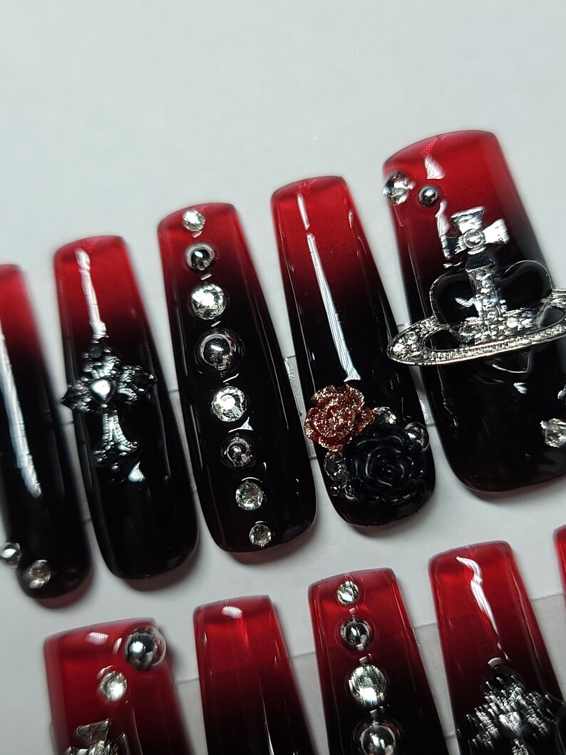 Alt Red Ombre Press on Nail Set Long Square - Etsy