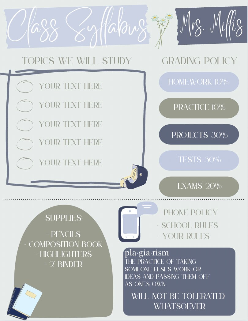 Printable Syllabus CANVA Template Digital Download Middle / High School ...