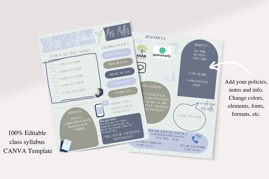 Printable Syllabus CANVA Template Digital Download Middle / High School ...