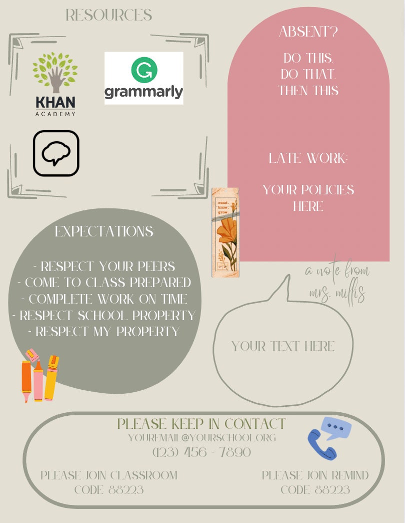 Printable Syllabus CANVA Template Digital Download Middle / High School ...