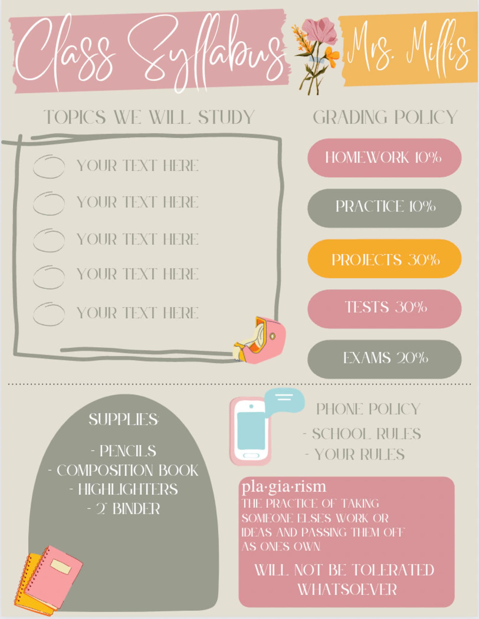 Printable Syllabus CANVA Template Digital Download Middle / High School ...