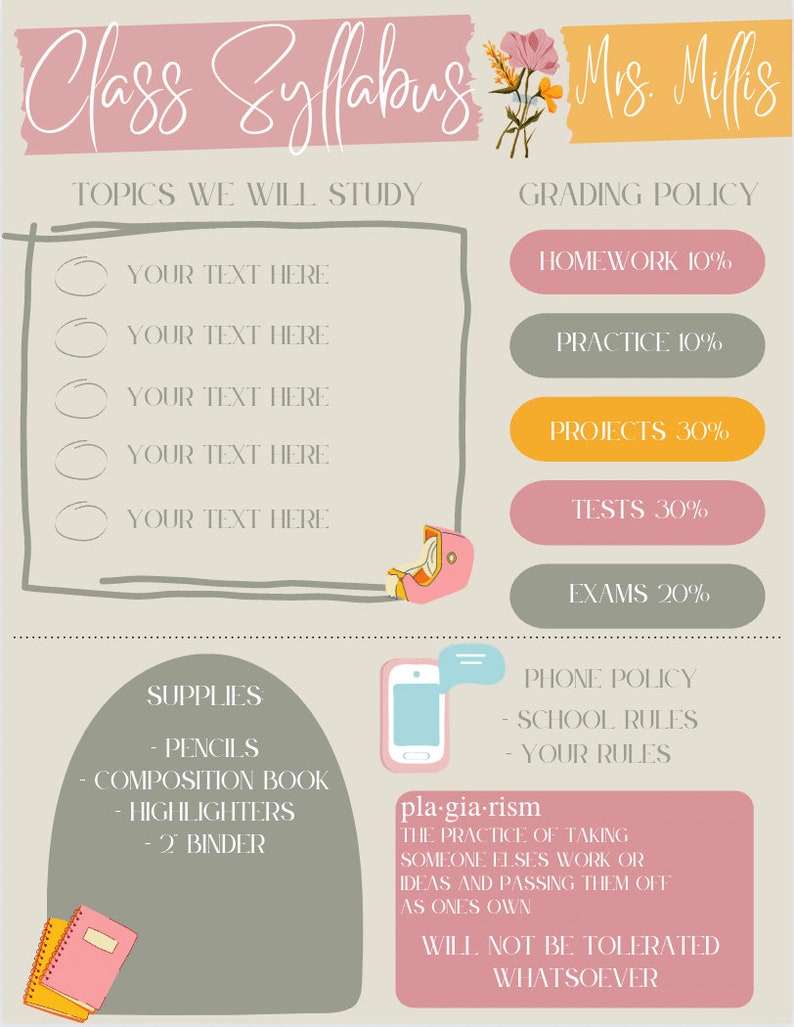 Printable Syllabus CANVA Template Digital Download Middle / High School ...