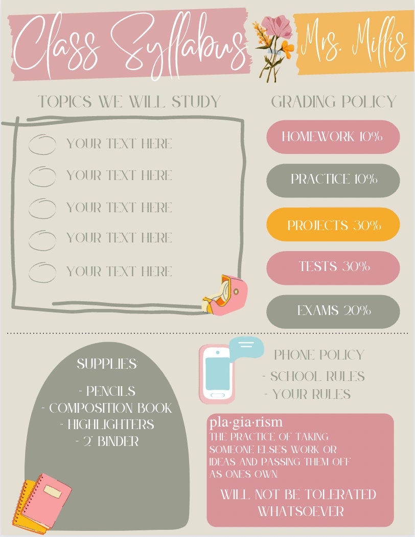 Printable Syllabus CANVA Template Digital Download Middle / High School ...