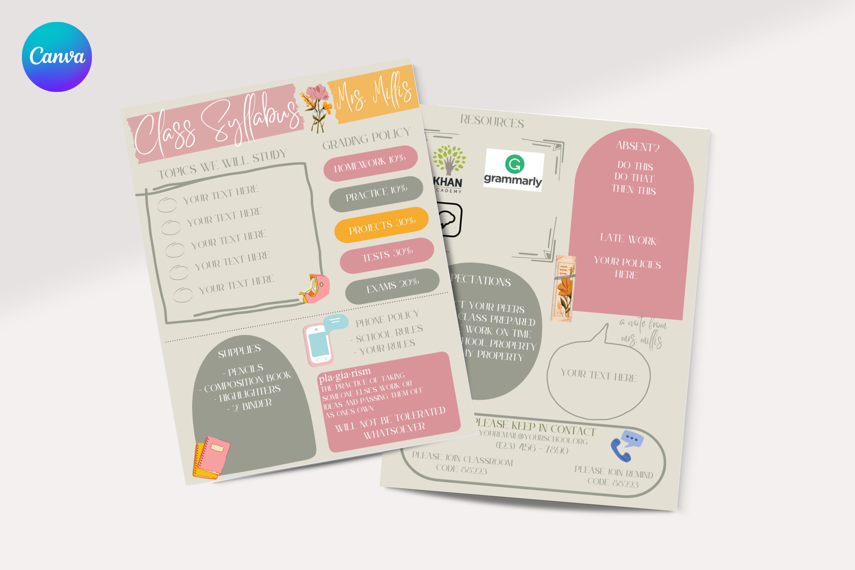 Printable Syllabus CANVA Template Digital Download Middle / High School ...