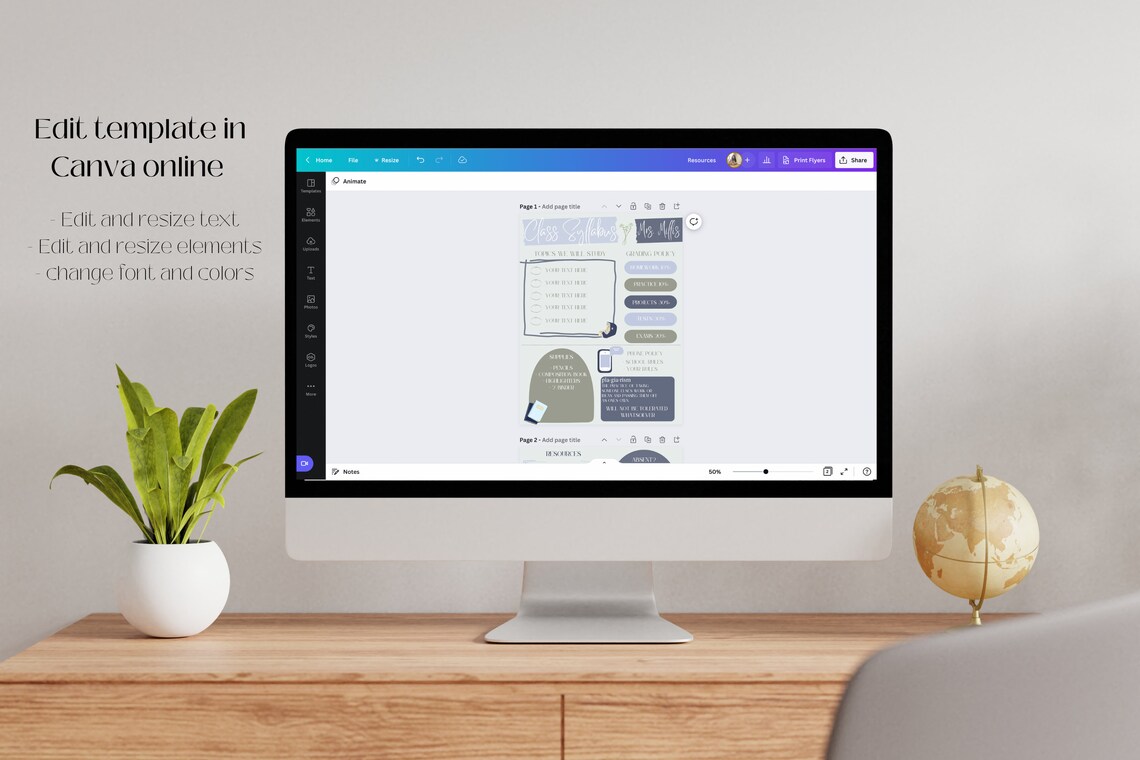 Printable Syllabus CANVA Template Digital Download Middle / High School ...