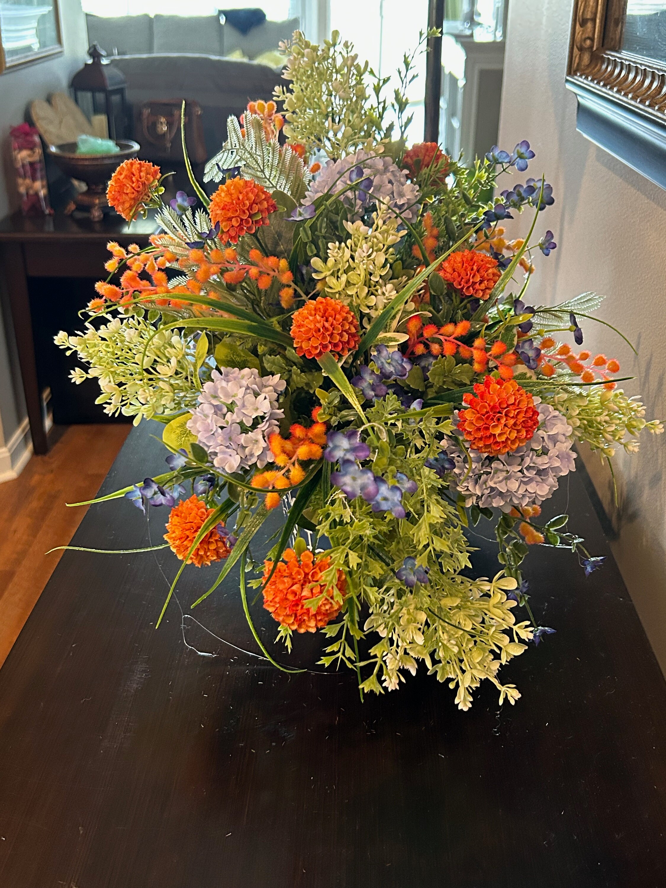 Asymmetrical Blue & Orange Hydrangea Arrangement, Blue Hydrangea ...