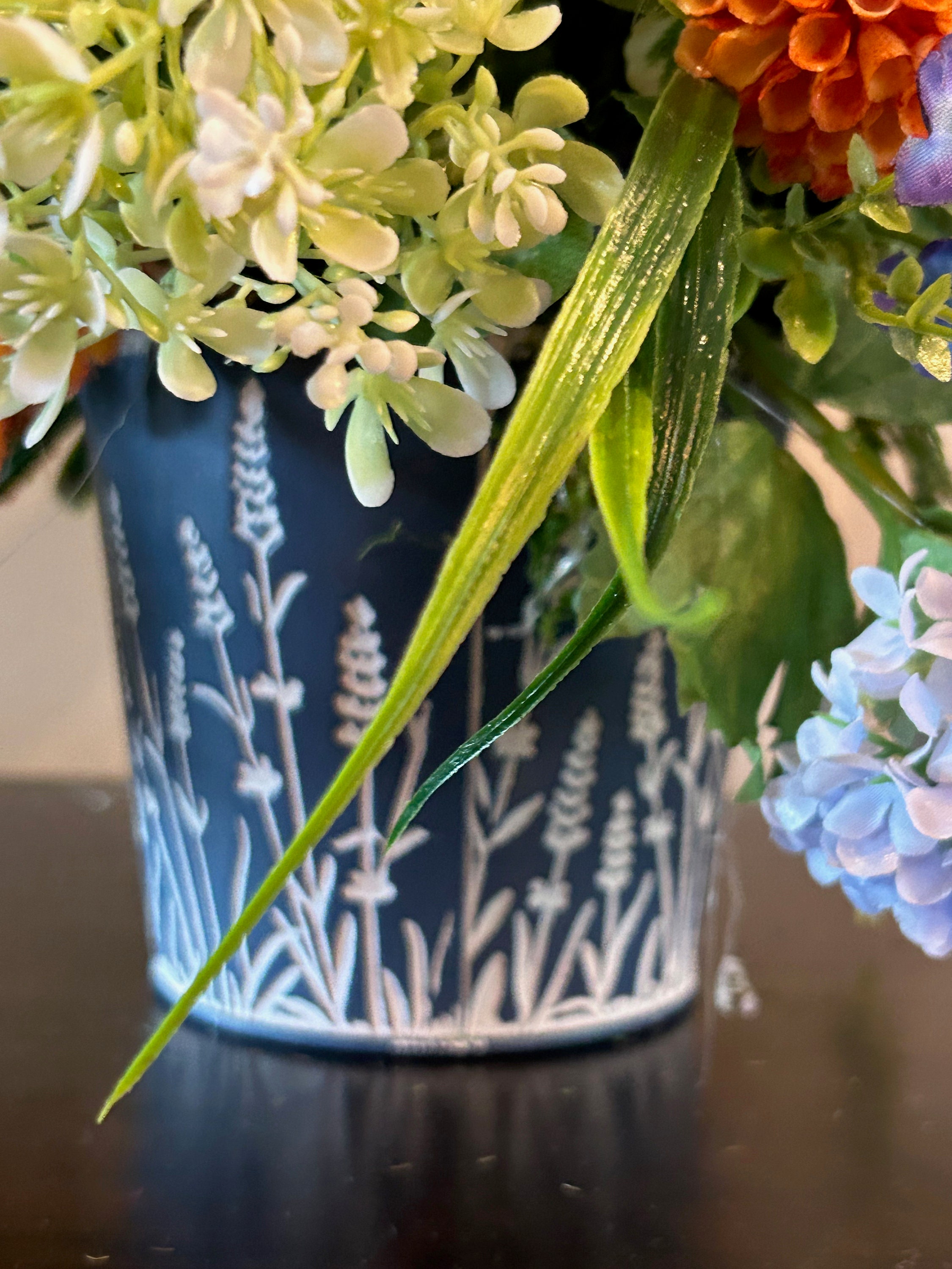 Asymmetrical Blue & Orange Hydrangea Arrangement, Blue Hydrangea ...