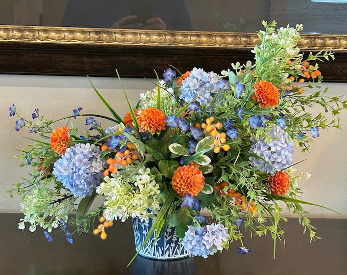 Asymmetrical Blue & Orange Hydrangea Arrangement, Blue Hydrangea ...