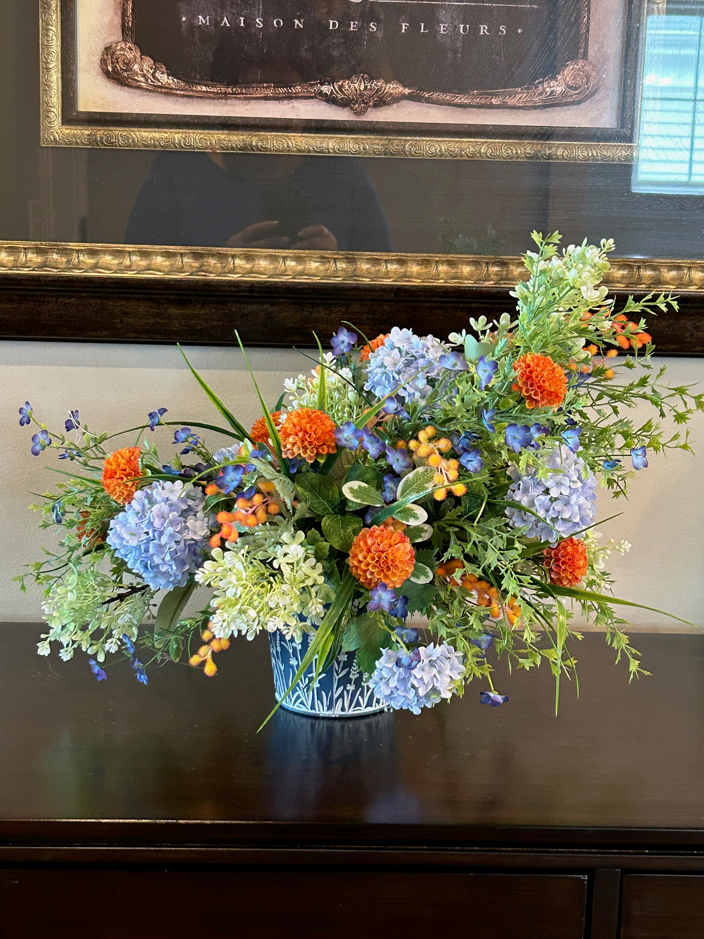 Asymmetrical Blue & Orange Hydrangea Arrangement, Blue Hydrangea ...