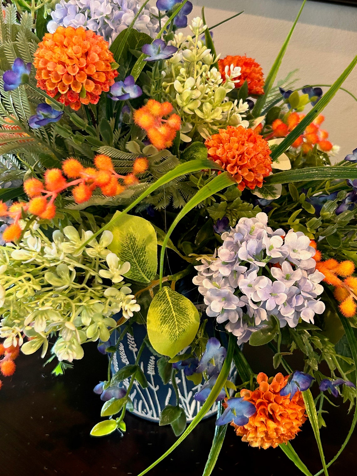 Asymmetrical Blue & Orange Hydrangea Arrangement, Blue Hydrangea ...