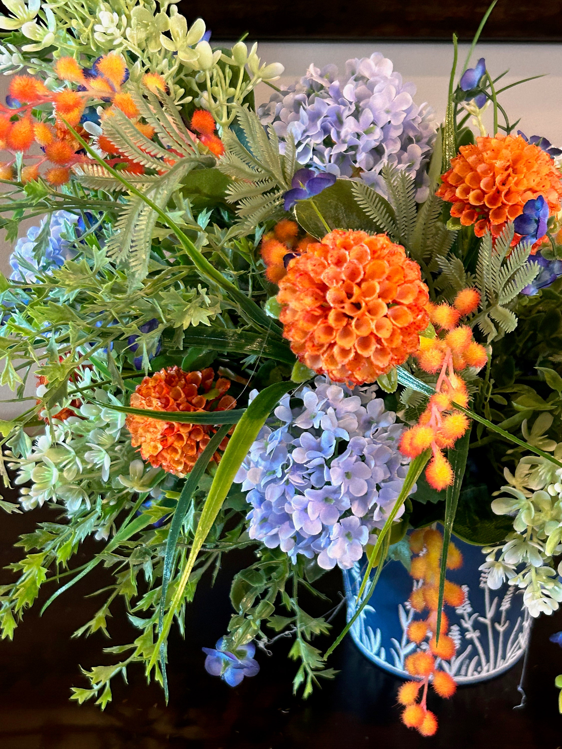 Asymmetrical Blue & Orange Hydrangea Arrangement, Blue Hydrangea ...