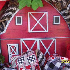 Red Barn Wheelbarrow Wreath, Buffalo Check Ribbon, Farmhouse Christmas ...