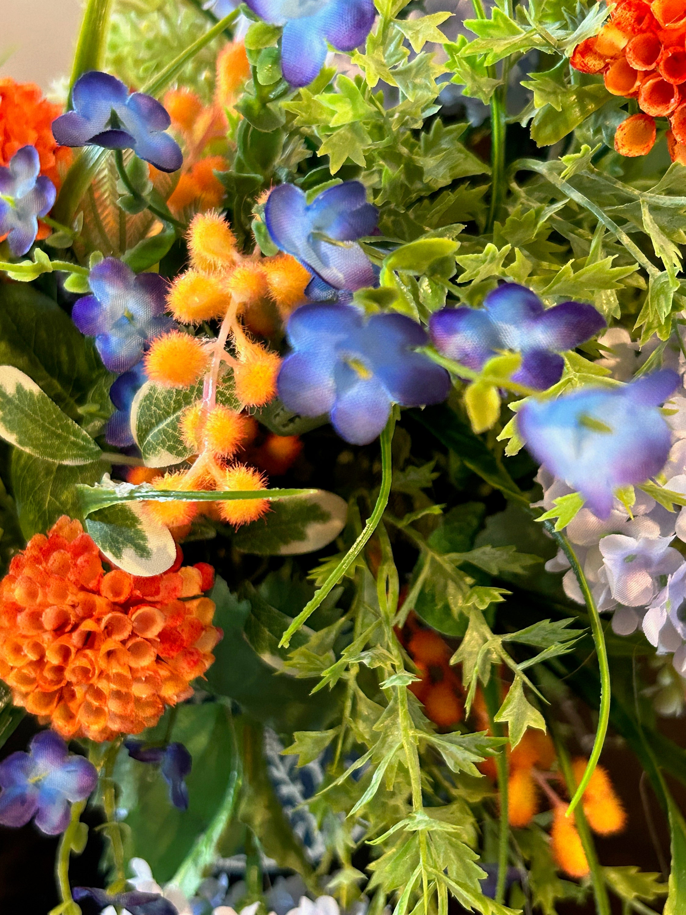 Asymmetrical Blue & Orange Hydrangea Arrangement, Blue Hydrangea ...