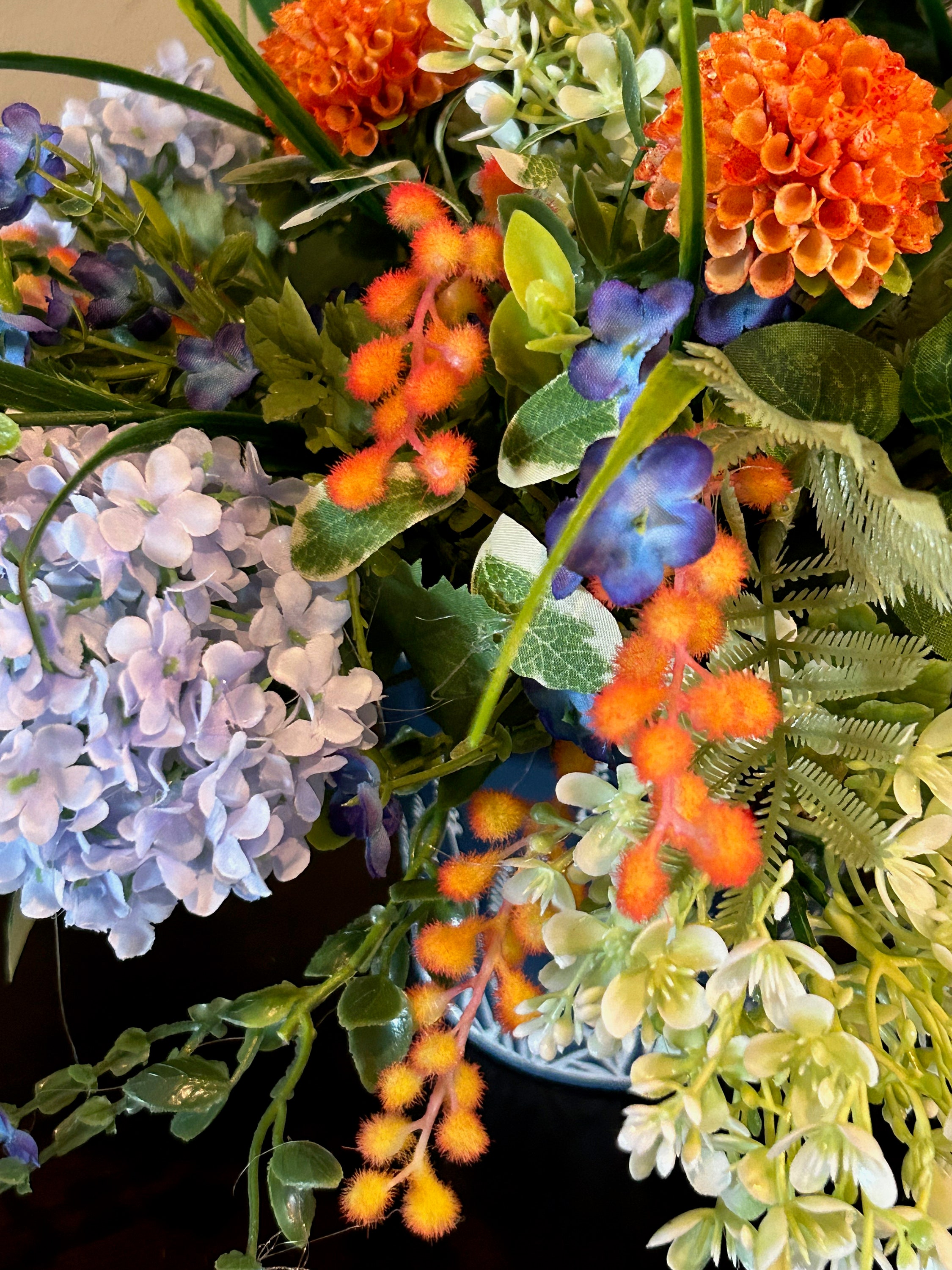 Asymmetrical Blue & Orange Hydrangea Arrangement, Blue Hydrangea ...