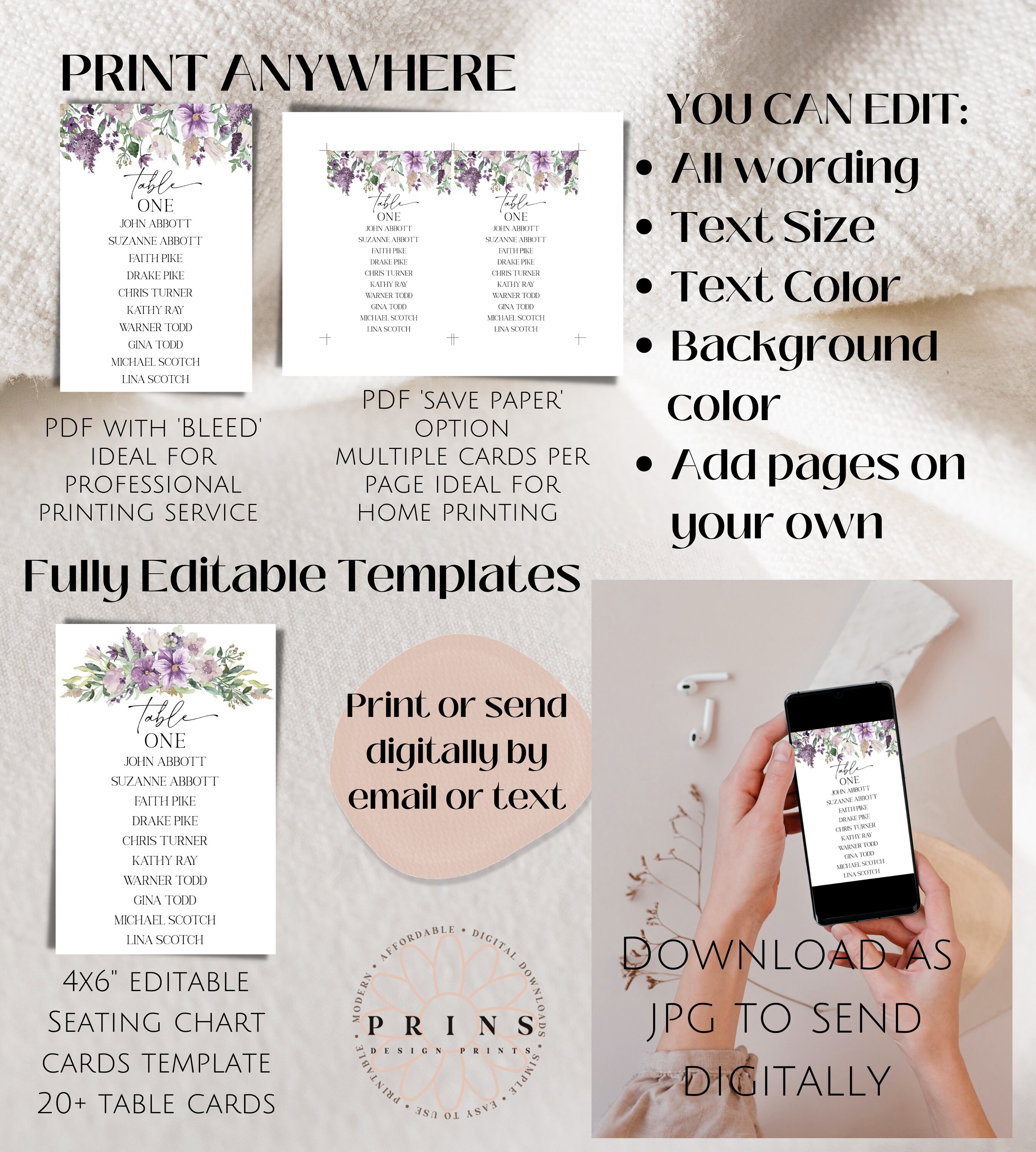 Lavender Lilac Wedding Seating Chart Cards Floral Template - Etsy