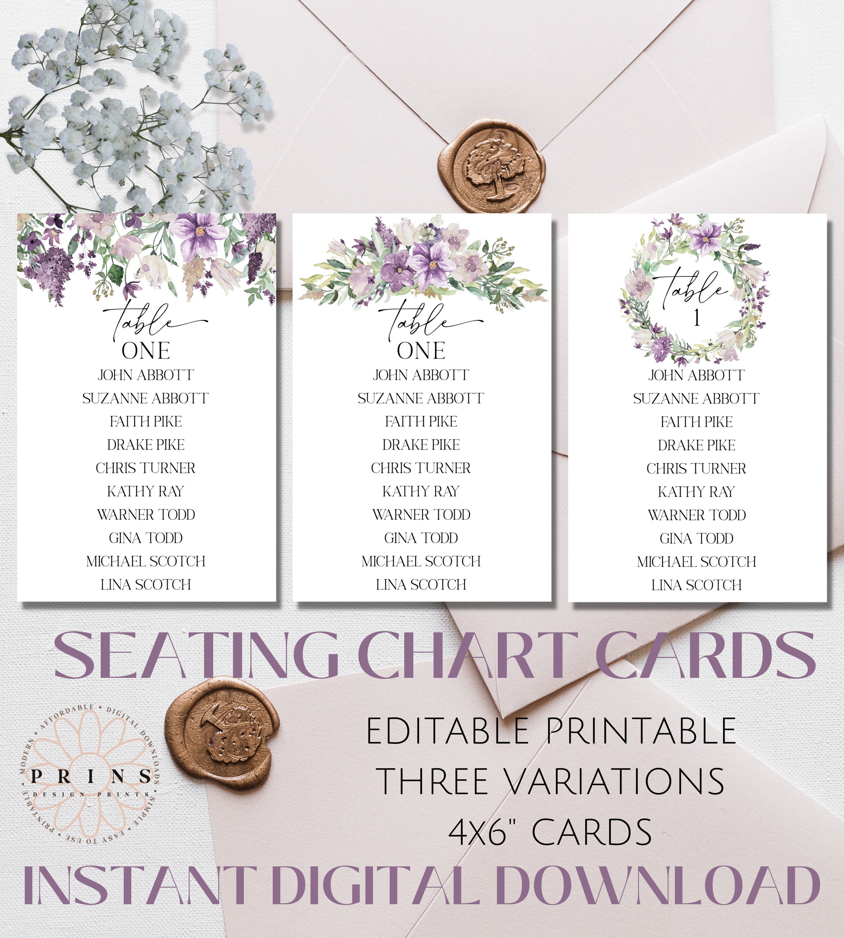 Lavender Lilac Wedding Seating Chart Cards Floral Template - Etsy