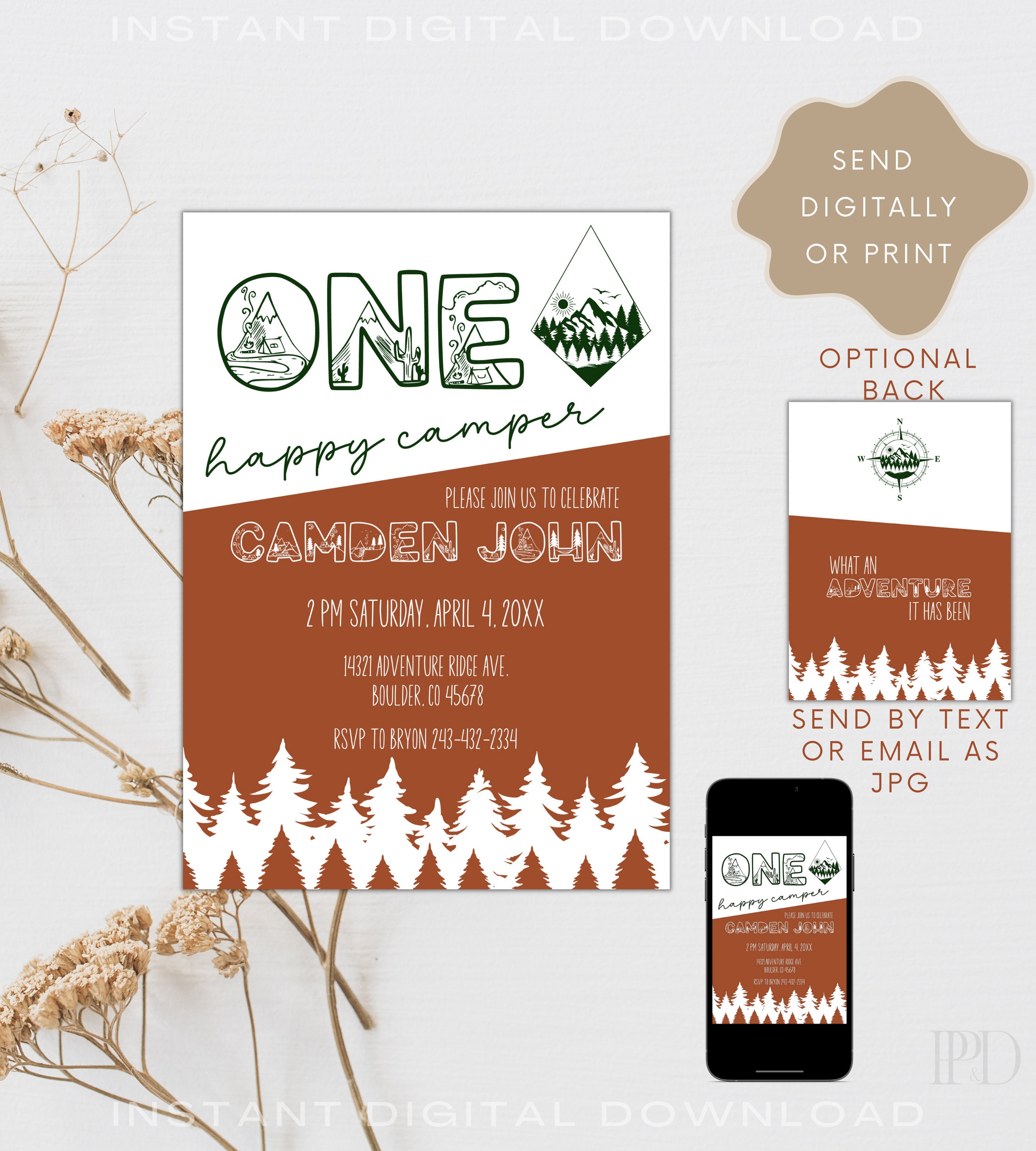 One Happy Camper Editable Template | 1st Birthday Party Invitation ...