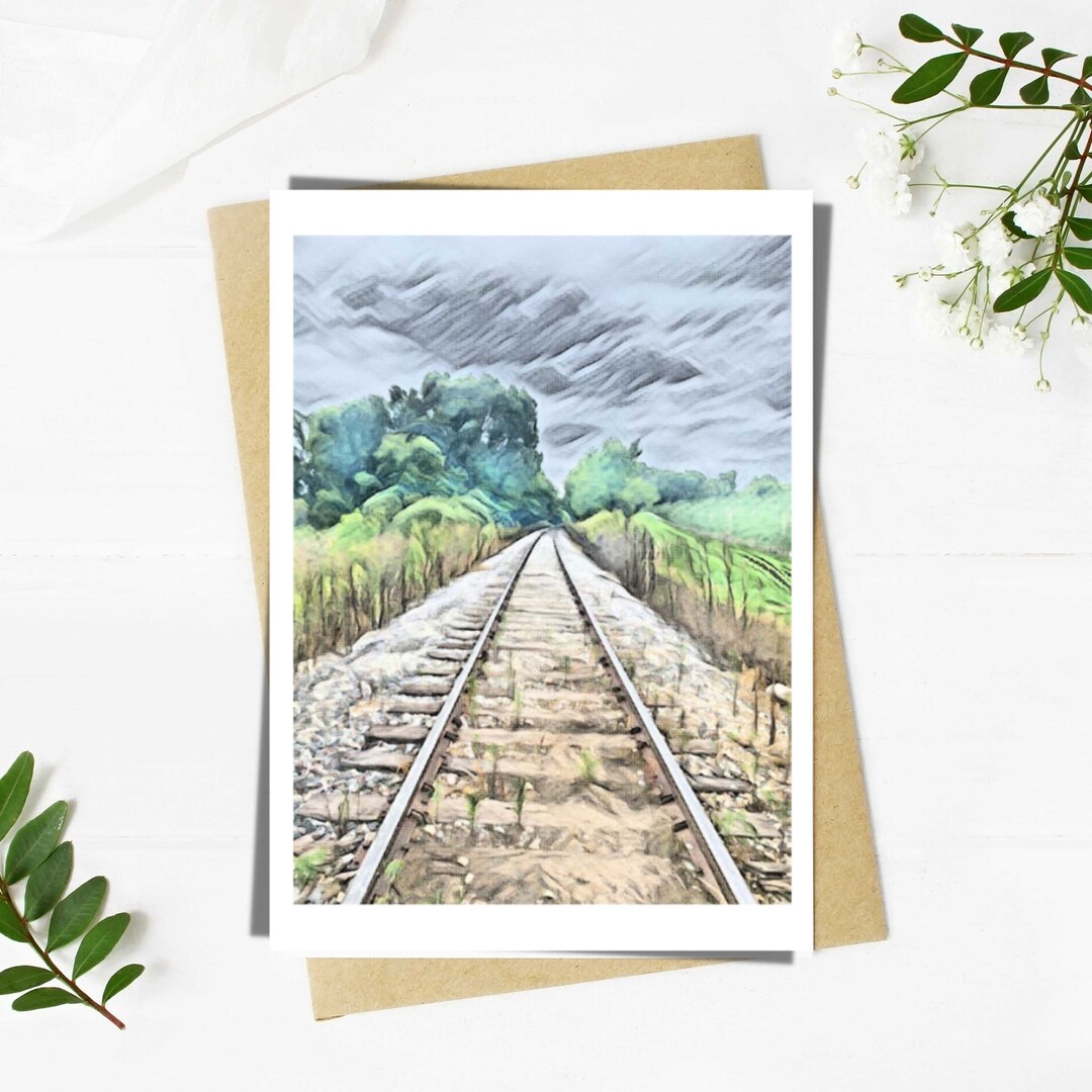 Printable Train Tracks and Blue Sky Greeting Card - Watercolor - 5"x7 ...