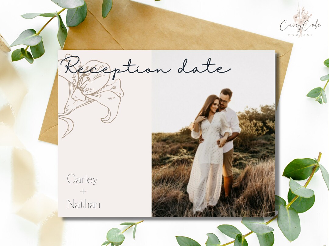 Minimalist Lily Photo Save the Date Wedding Postcard Editable Template ...