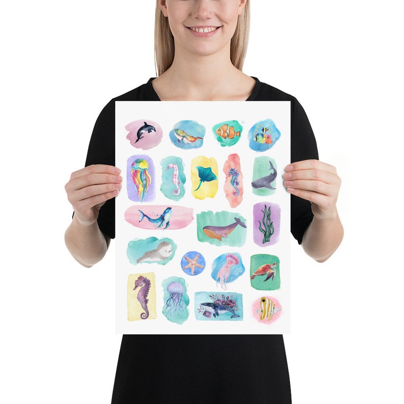 Watercolor Sea Creatures Nursery Print, Whimsical Ocean Animals Wall ...