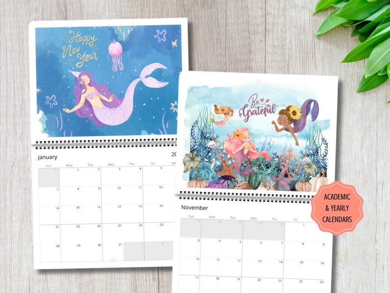 Watercolor Mermaid Calendar 2026 • Customizable Monthly Start - Etsy
