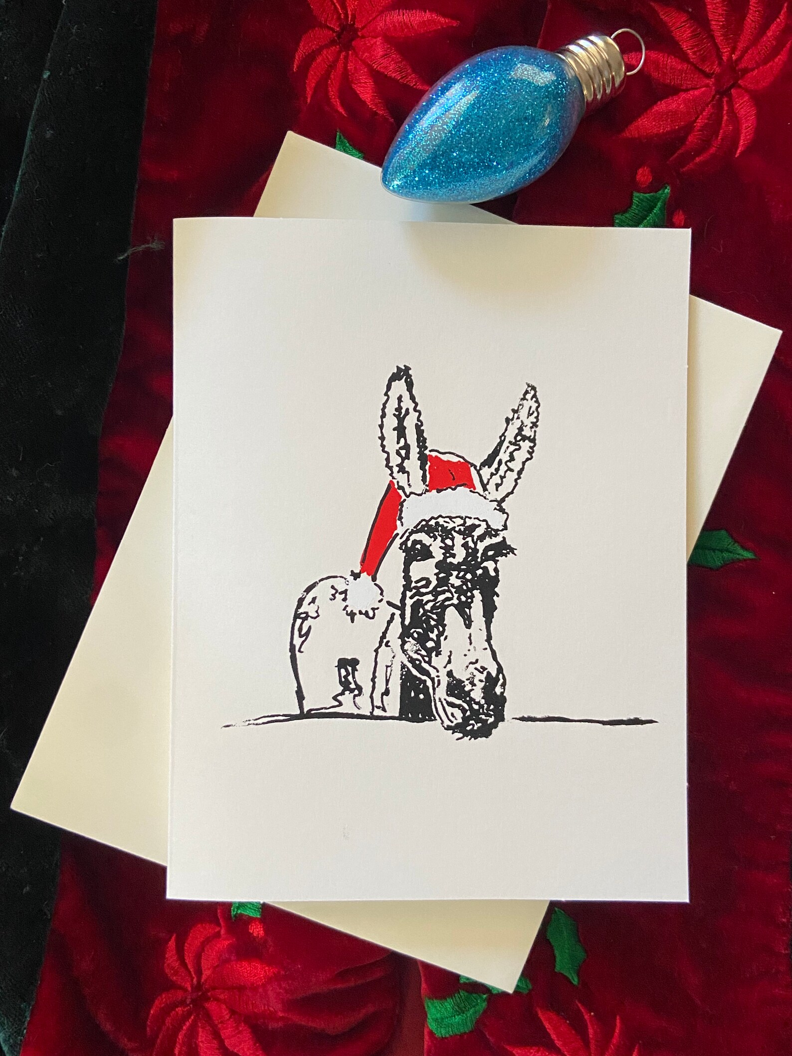 Donkey Christmas Card Xmas Santa Hat 5"x6 1/2" off White Paper Hand ...