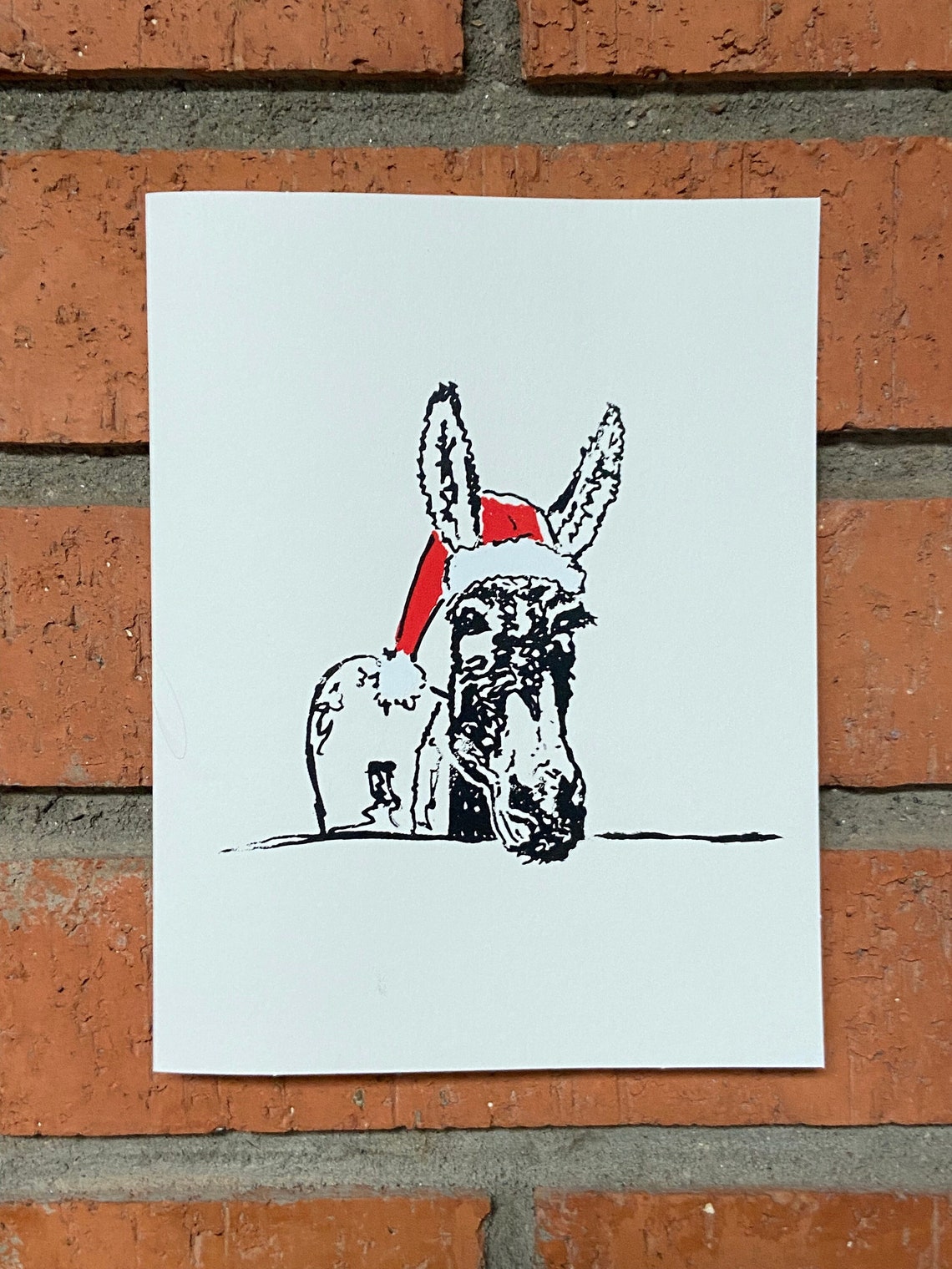 Donkey Christmas Card Xmas Santa Hat 5"x6 1/2" off White Paper Hand ...