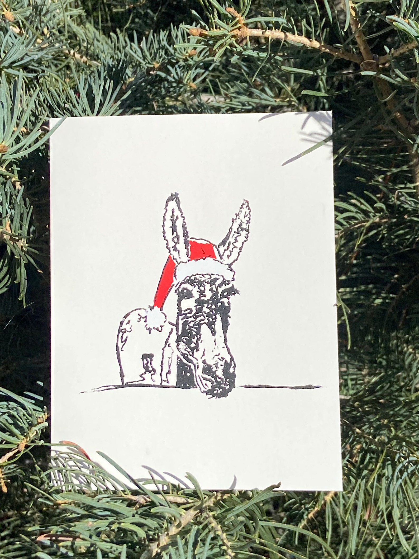 Donkey Christmas Card Xmas Santa Hat 5"x6 1/2" off White Paper Hand ...