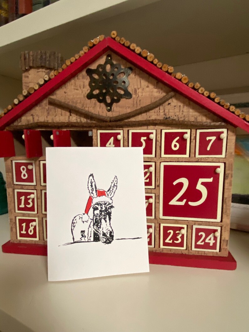 Donkey Christmas Card Xmas Santa Hat 5"x6 1/2" off White Paper Hand ...