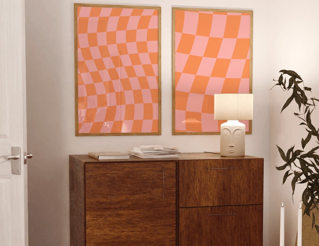 Pink & Orange Funky Wavy Checkered Wall Art Set, Groovy Printable Art ...