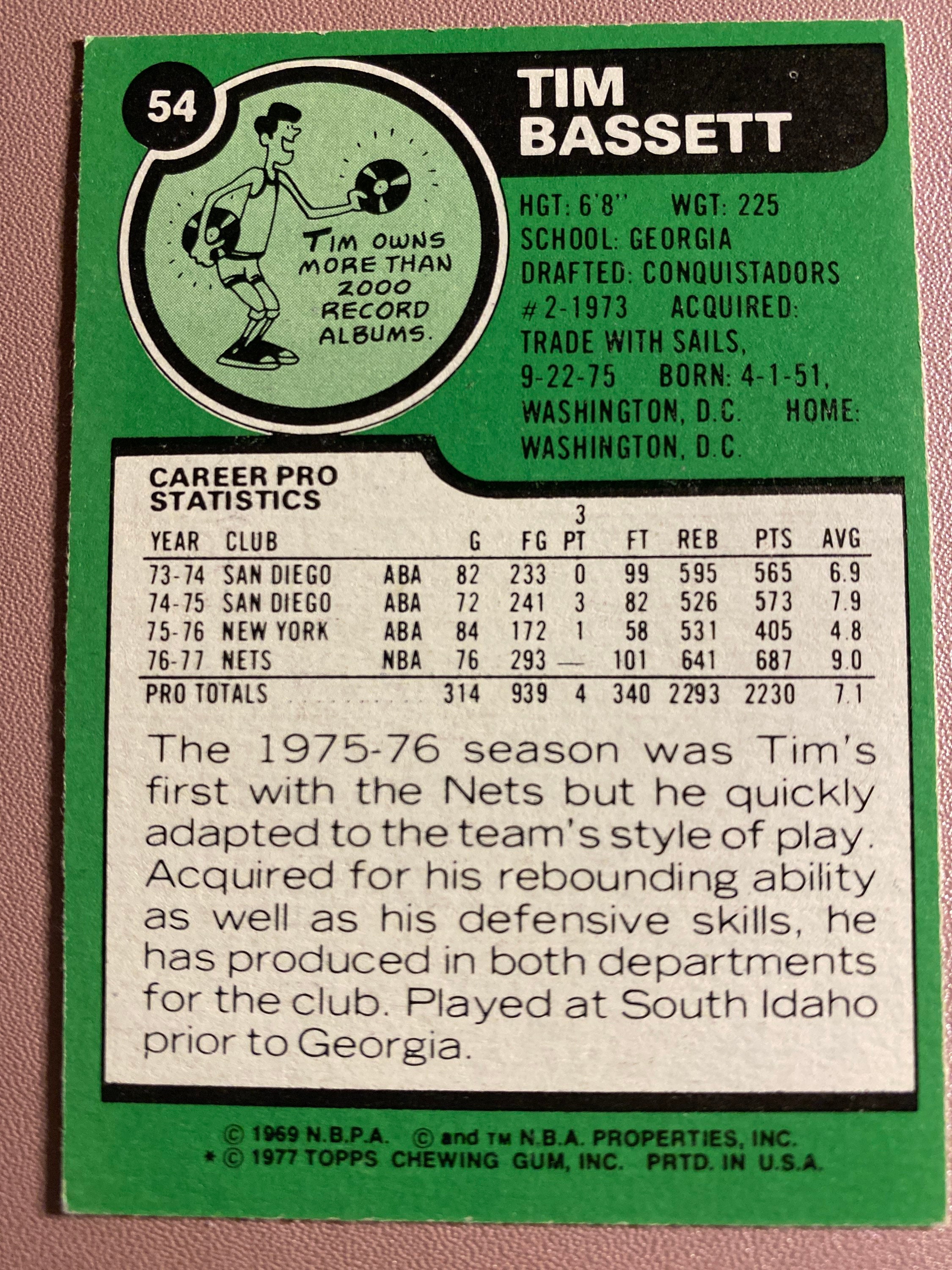 1977 Topps Chewing Gum New Jersey Nets Tim Bassett Card 54 - Etsy