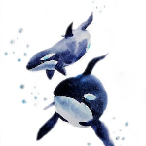 Killer Whale Couple, Watercolor Painting, Watercolor Art, Beach ...