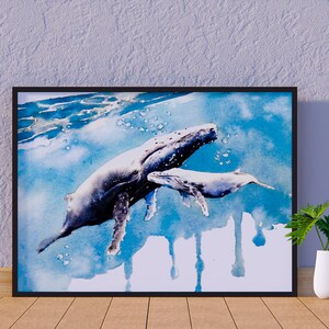 Humpback Whale Mother and Baby, Watercolor Painting, Whale Print, Whale ...