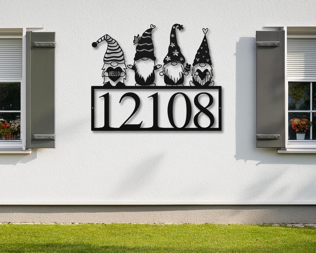 Gnome Address Sign, Metal House Number, Address Plaque, Front Door ...