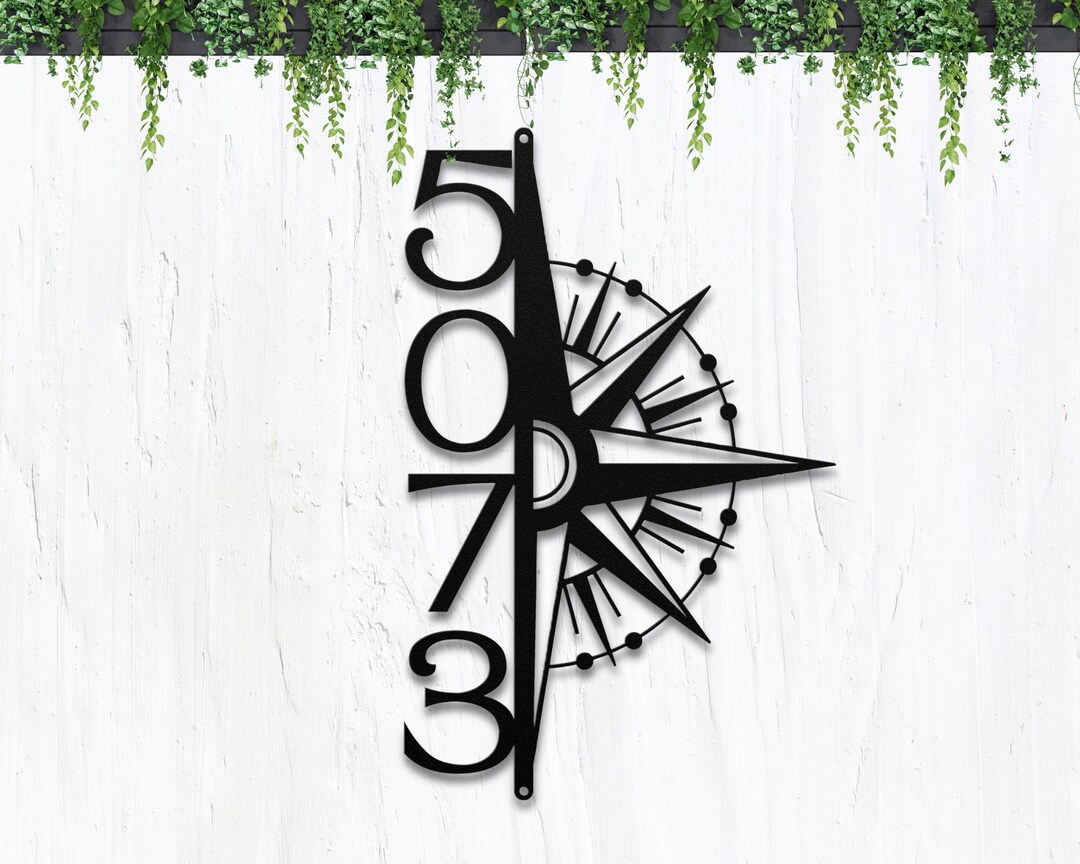 Vertical Compass Address Metal Sign, House Numbers, Outdoor Nautical ...