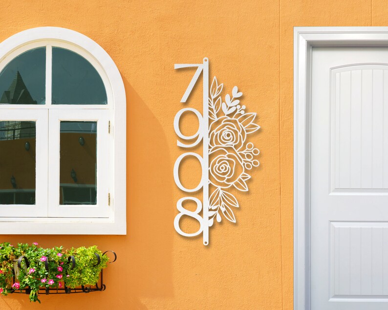 Rose Flower Metal Address Sign: Vertical House Numbers, Floral Front ...