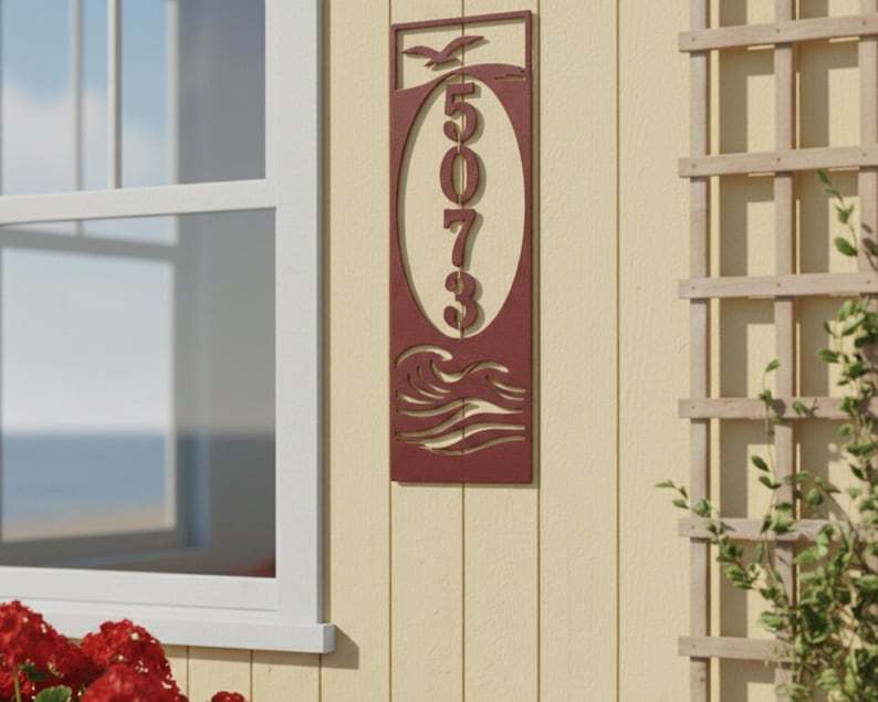 Vertical Metal House Numbers, Coastal Ocean Wave Address Sign, Modern ...