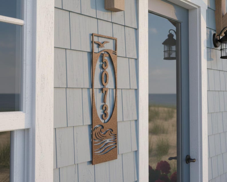 Vertical Metal House Numbers, Coastal Ocean Wave Address Sign, Modern ...