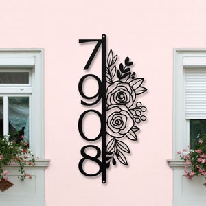 Rose Flower Metal Address Sign: Vertical House Numbers, Floral Front ...