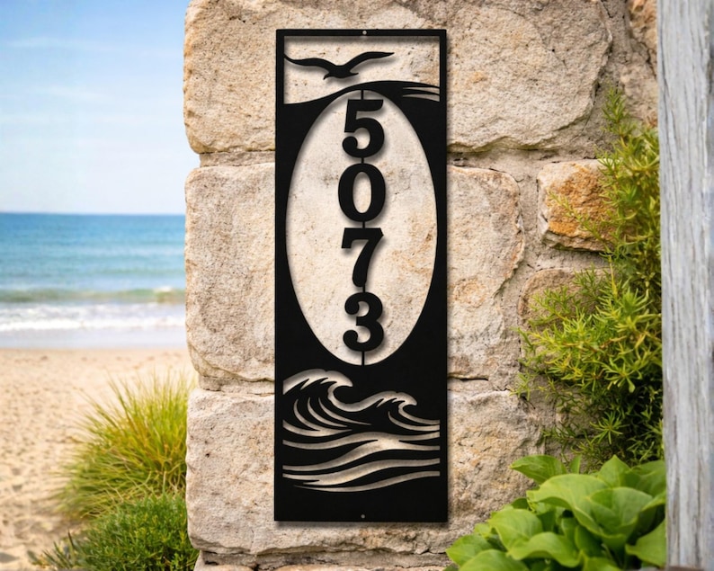 Vertical Metal House Numbers, Coastal Ocean Wave Address Sign, Modern ...