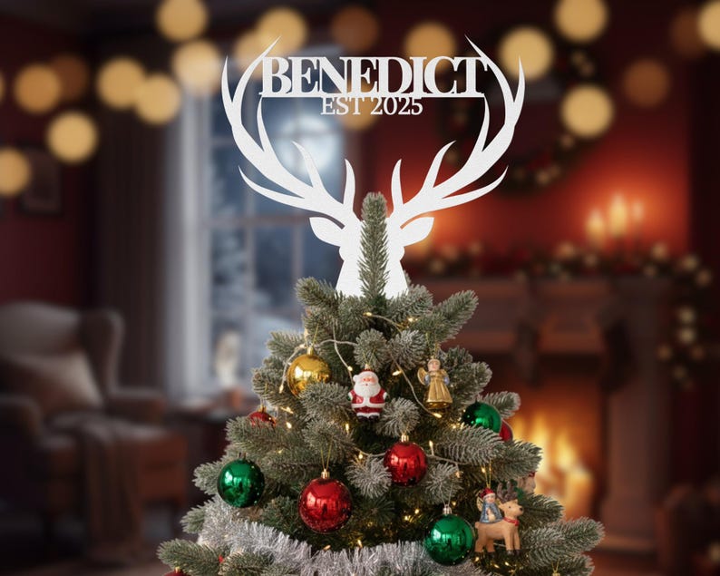 Custom Deer Antler Christmas Tree Topper: Family Name & Year - Etsy