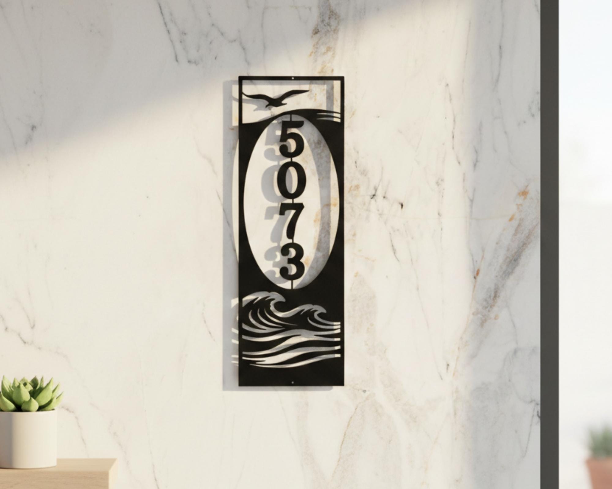 Vertical Metal House Numbers, Coastal Ocean Wave Address Sign, Modern ...
