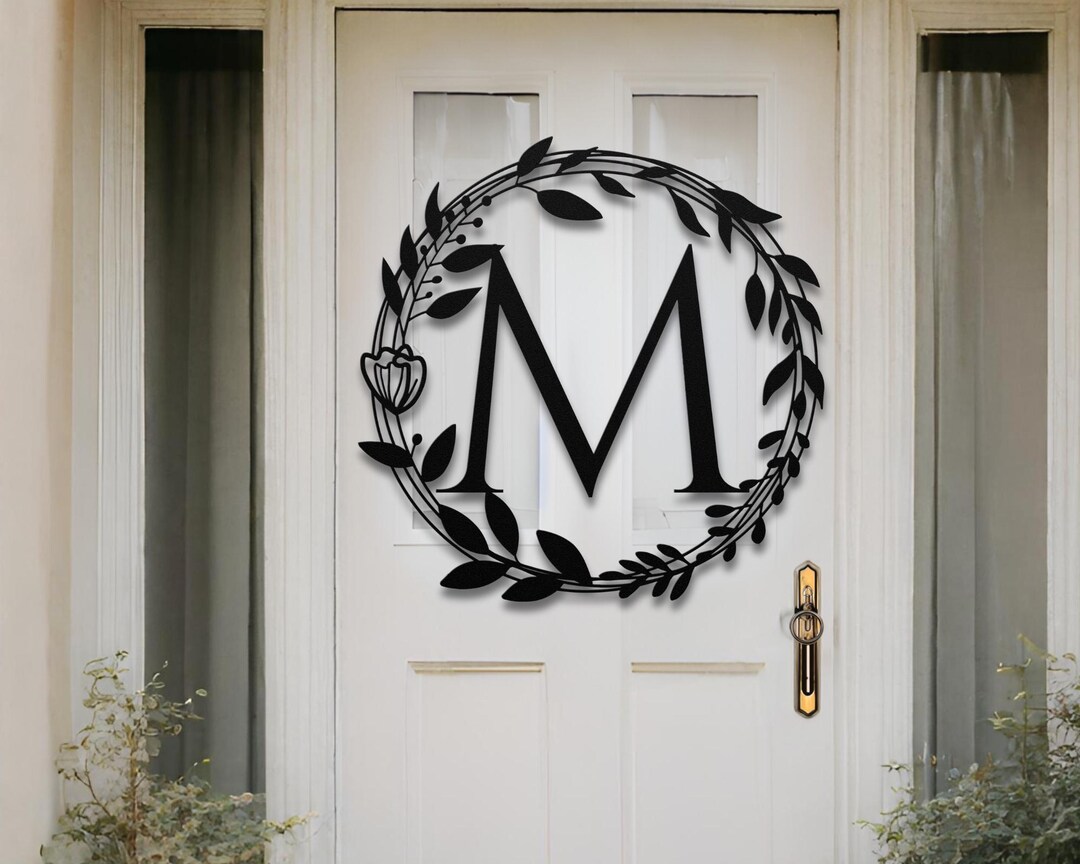 Leaf Wreath Monogram Metal Sign - Custom Name Initial Door Hanger ...