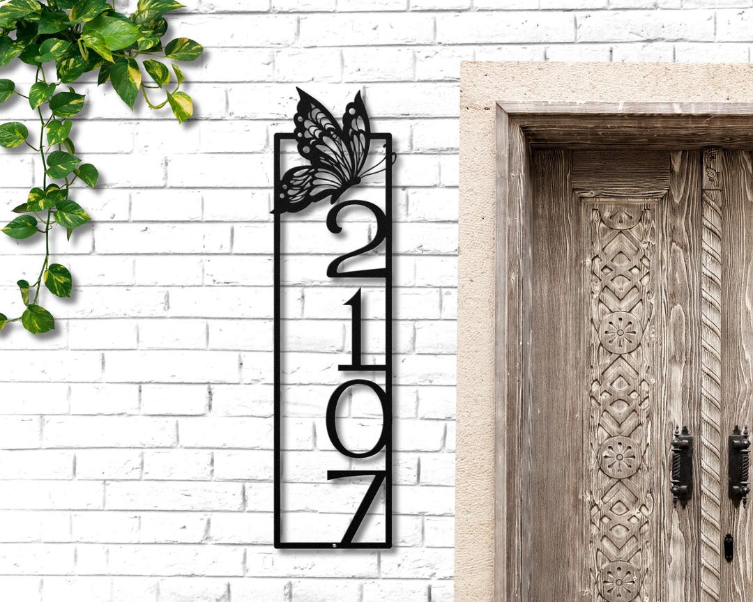 Butterfly Vertical Address Plaque, Metal House Numbers Sign, Modern ...